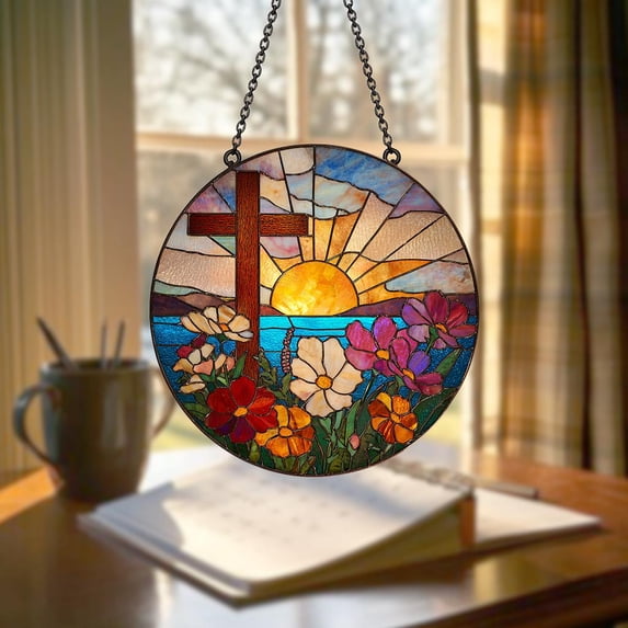 Cross and Wild Flower Stained Glass Suncatcher, Cross Sunset Window ...