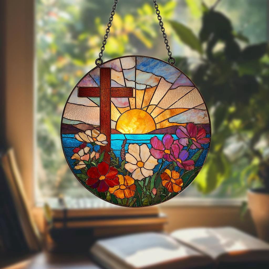 Cross and Wildflower Glass Suncatcher – Christian Cross Sunset Window ...