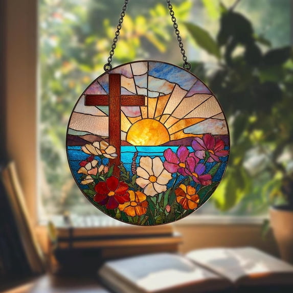 Cross and Wildflower Glass Suncatcher – Christian Cross Sunset Window ...