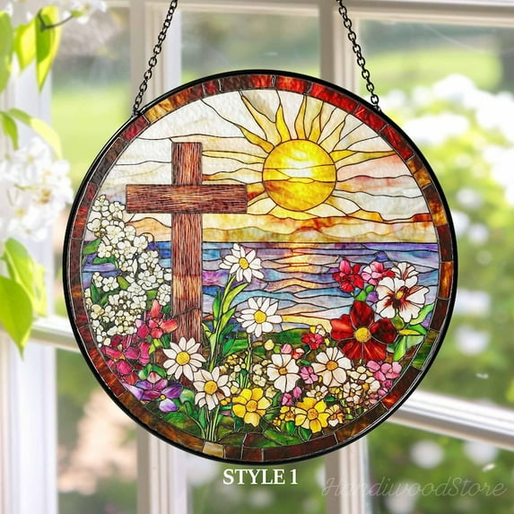 Cross and Wildflower Glass Suncatcher, Cross Sunset Window Glass ...