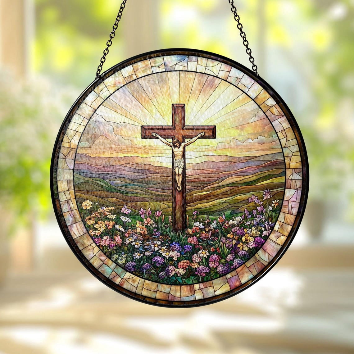 Cross and Wildflowers Glass Suncatcher v20, Christian Faith Window Art ...