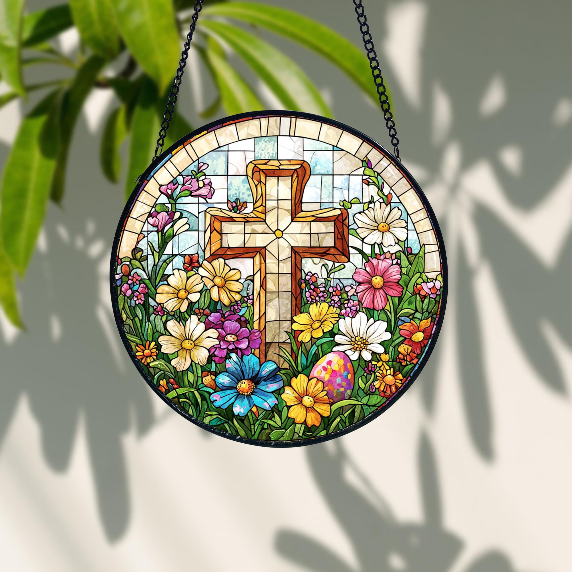 Cross and Wildflowers Stained Glass Suncatcher, Christian Religious ...
