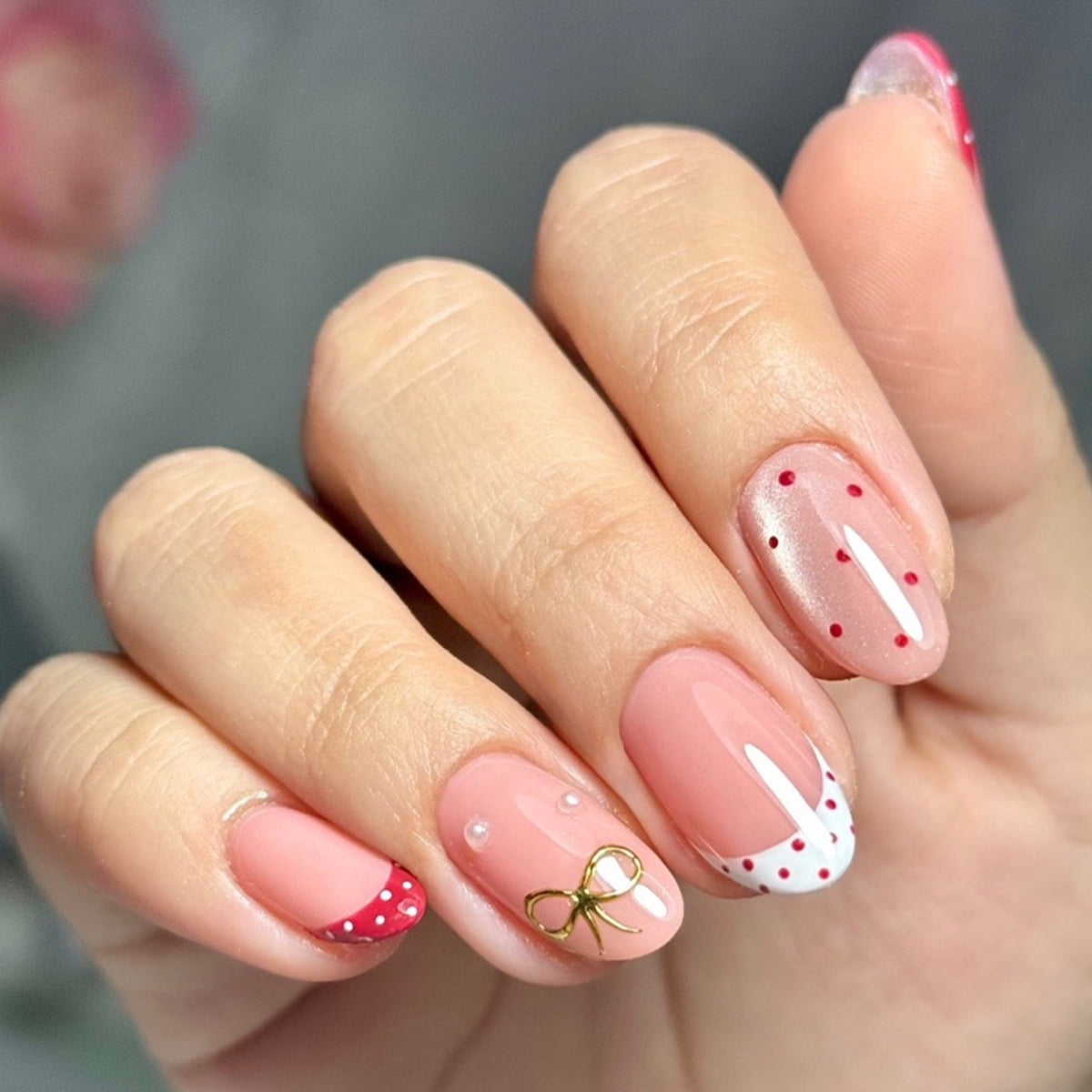 Cross-border manicure wear simple cat's eye French polka dot bow fresh ...