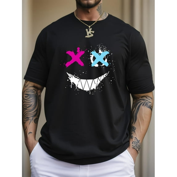 Cross eyes Smile Face Print, Men's Graphic T-shirt, Casual Comfy s ...