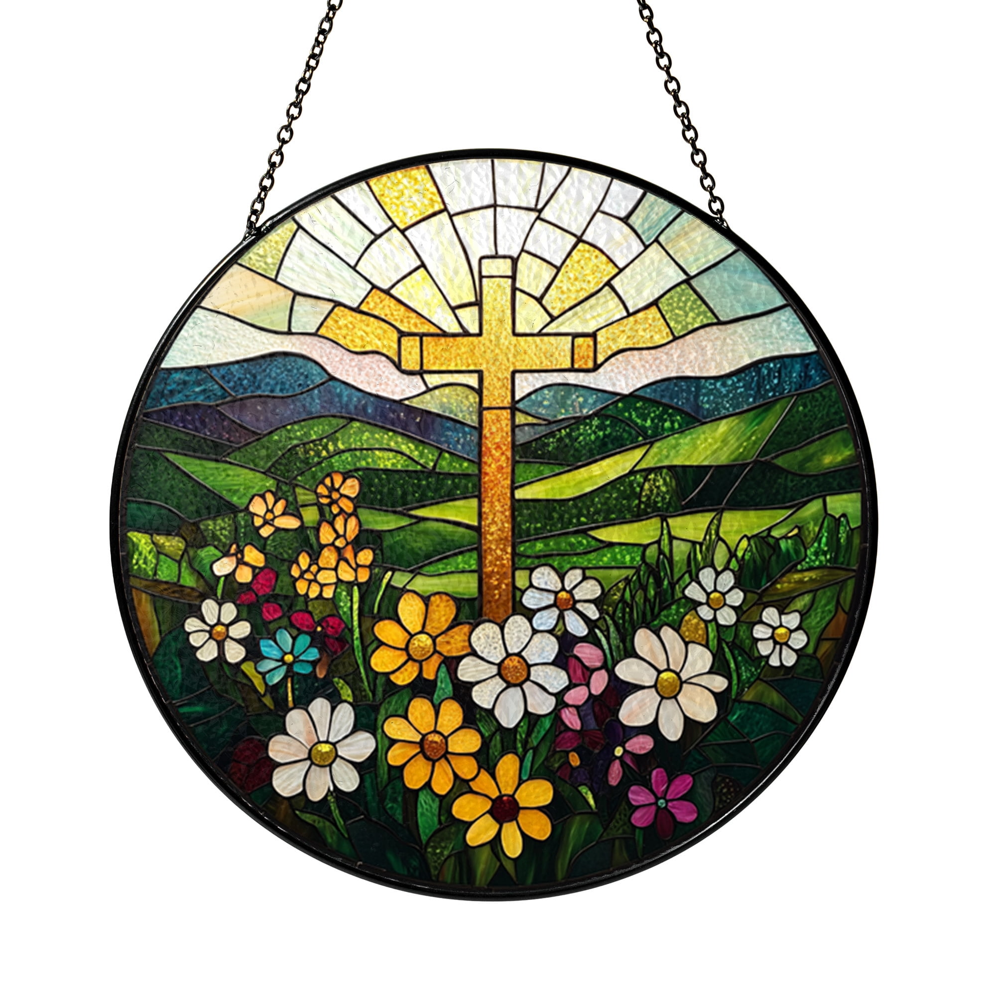 Cross with Flowers Glass Suncatcher Window Decor Hanging Decorative ...