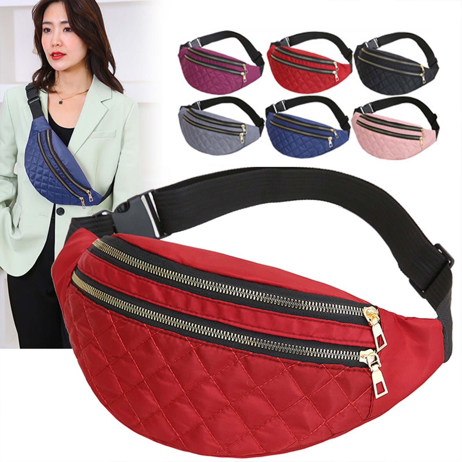 Crossbody Belt Bag, Fanny Pack with 2 Zipper Pockets, Plus Size ...