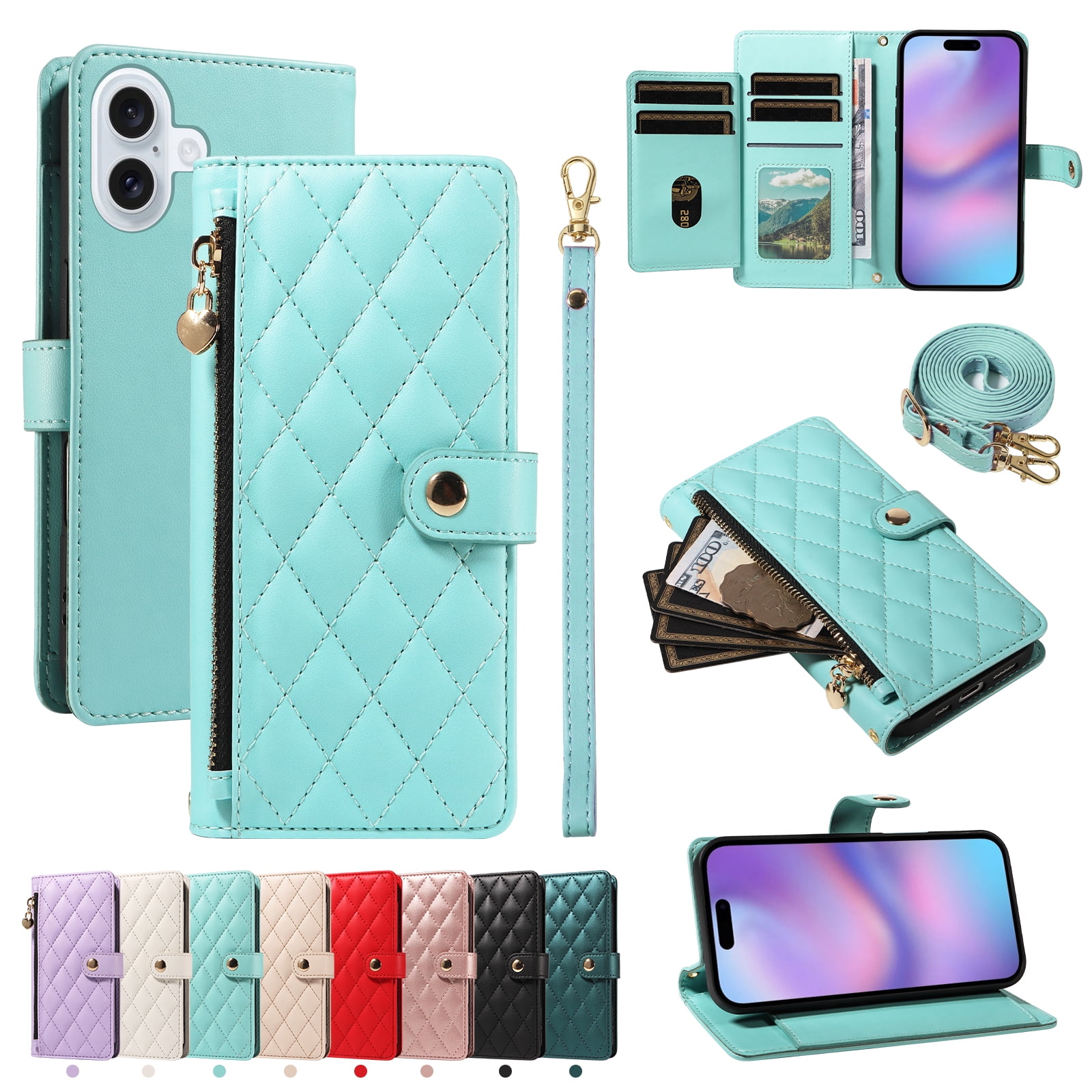 Crossbody Case For iPhone 16 Plus Wallet Zipper Case with Crossbody ...