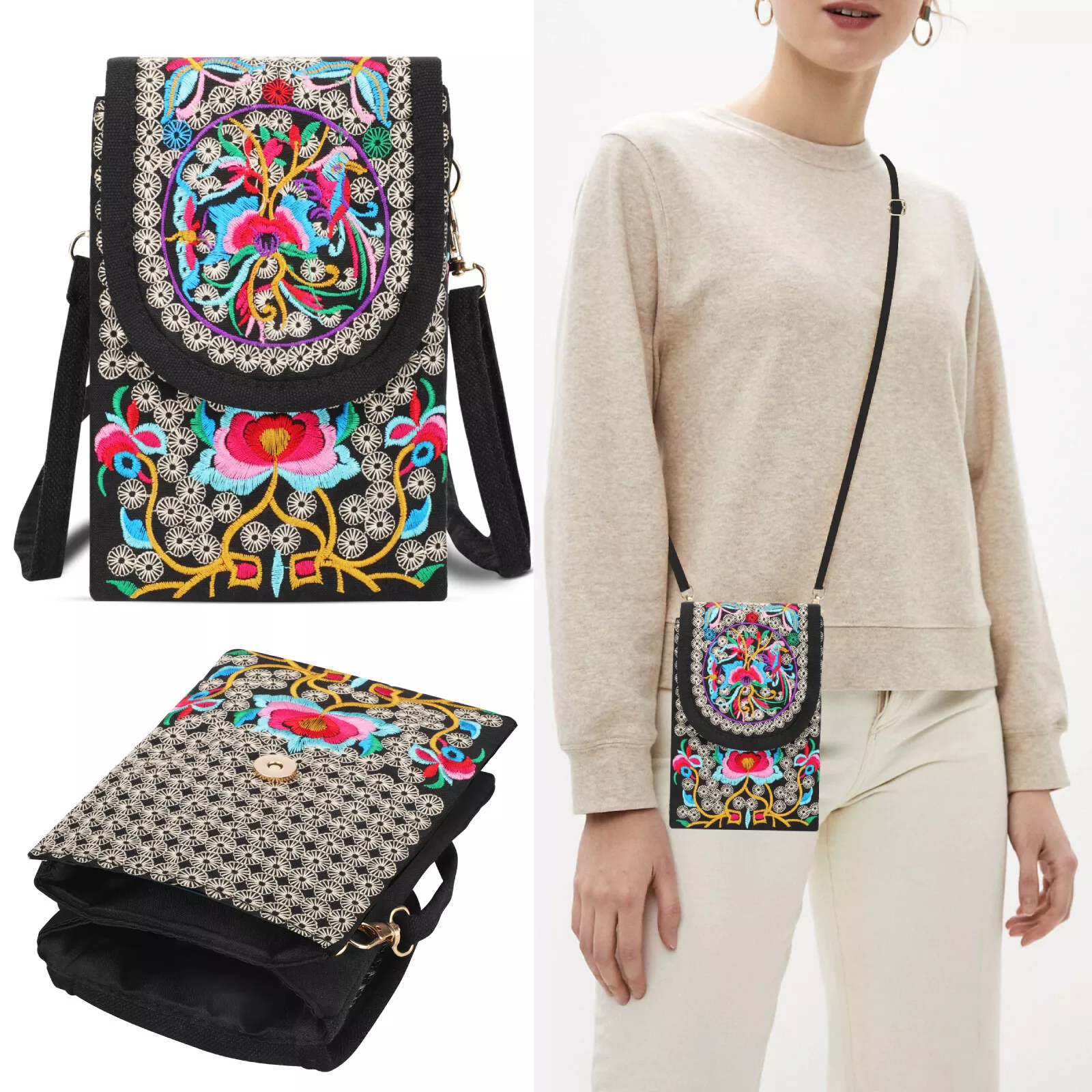 Crossbody Cell Phone Purse For Women Small Retro Embroidery Printed ...