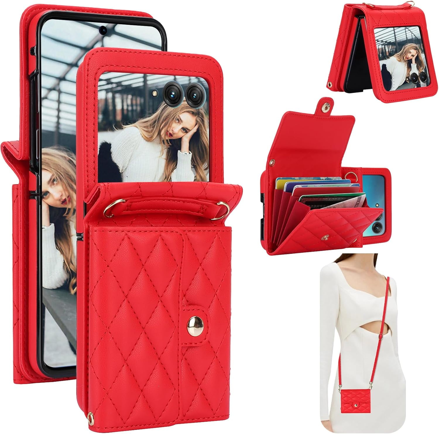 Crossbody Cover for Motorola Razr 2024 Wallet Case for Women, PU Leather Purse with Credit Card ...