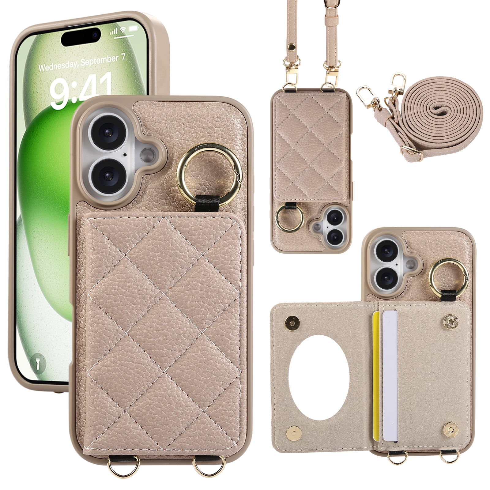 Crossbody Wallet Case for iPhone 16 with Make-up Mirror, PU Leather ...
