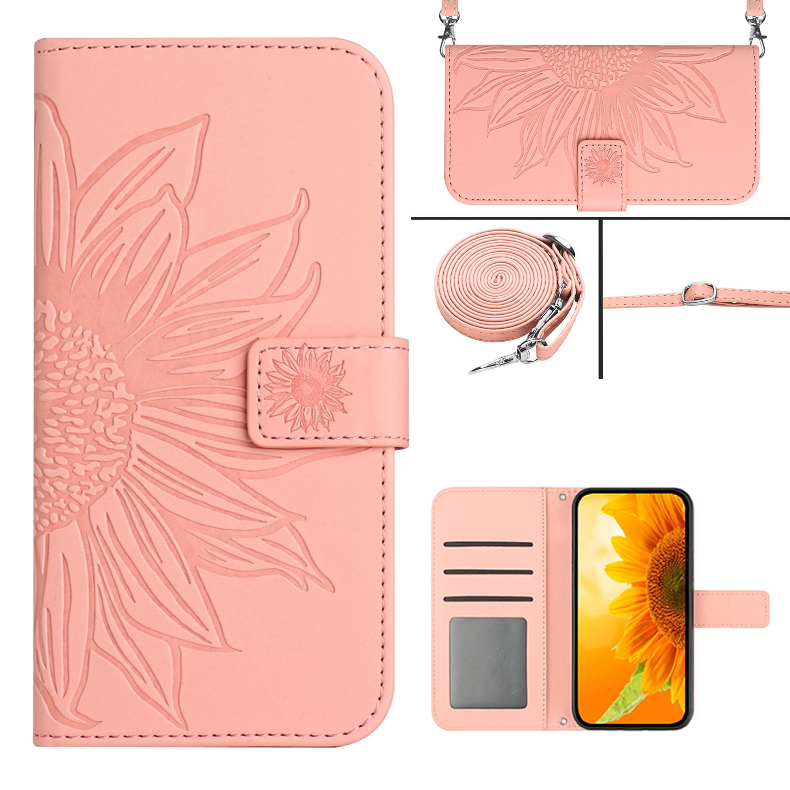 Crossbody Wallet Phone Cover Case for iPhone 16, Embossed Sunflower ...