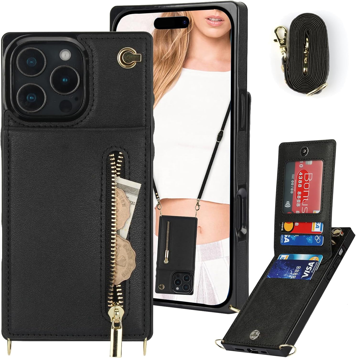 Crossbody Zipper Wallet Case for iPhone 16 Pro 6.3" with Card Holder ...