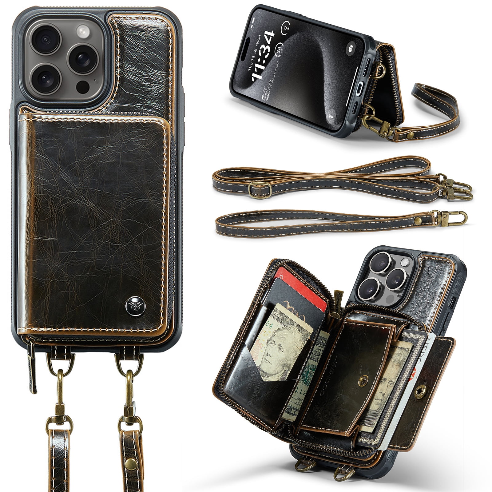 Crossbody lanyard zipper wallet leather phone case for iPhone 16 pro ...