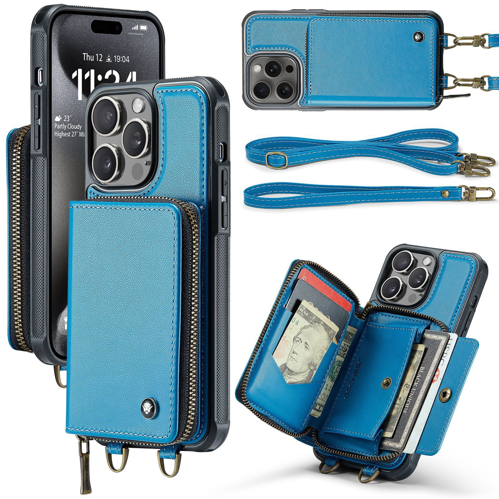 Crossbody lanyard zipper wallet leather phone case for iPhone 16 pro ...