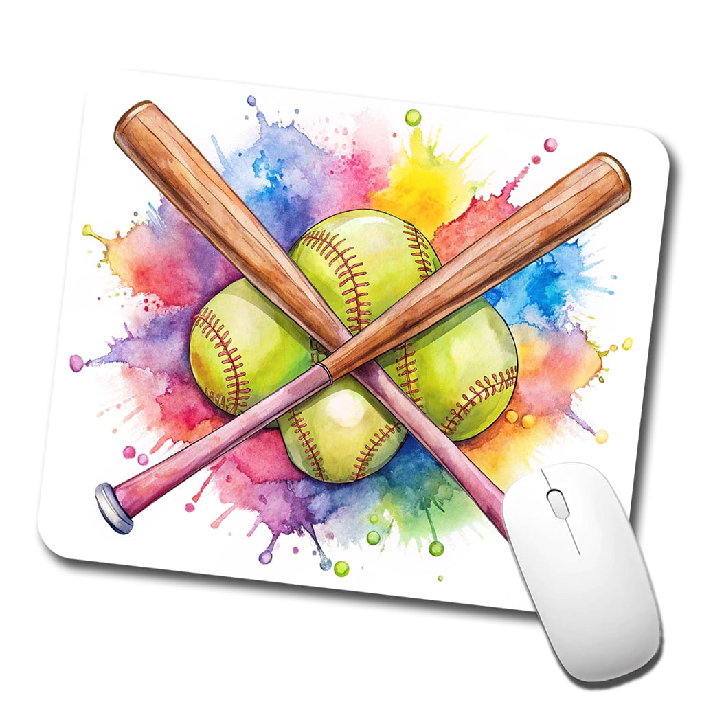 Crossed Softball Bats And Balls Watercolor Mouse Pad Low Profile Gaming ...