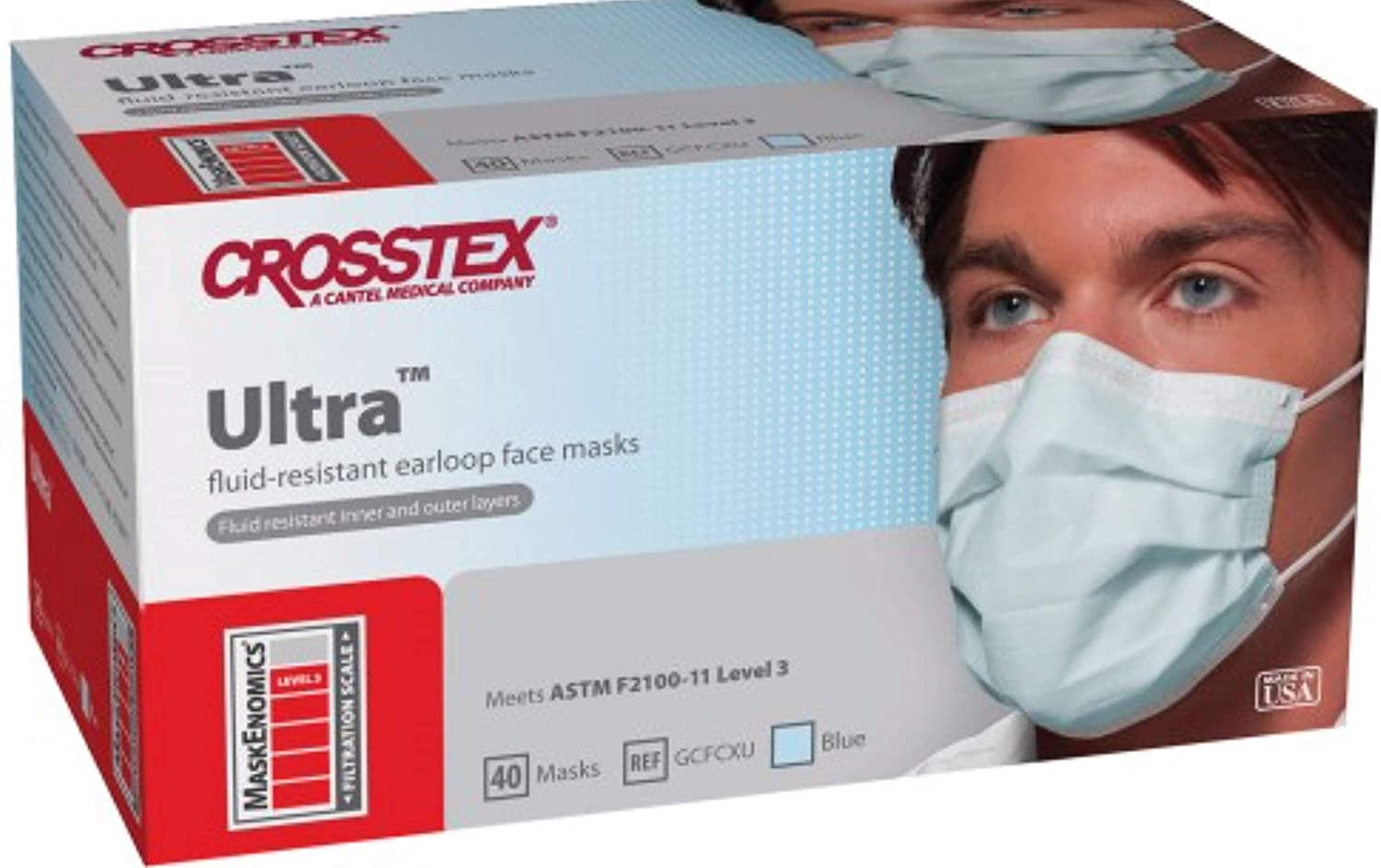 CROSSTEX Ultra Earloop Face Masks, ASTM Level 3, Blue, Box of 40 ...