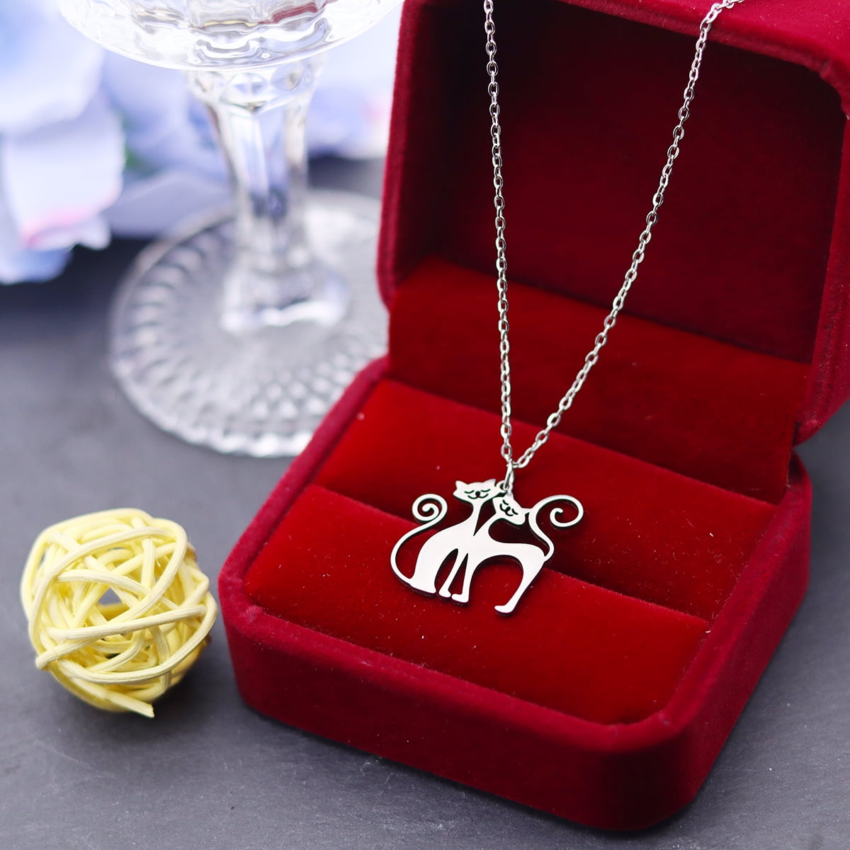 Crouching Intimate Cat Pendant Stainless Steel Necklace Couple Animal ...