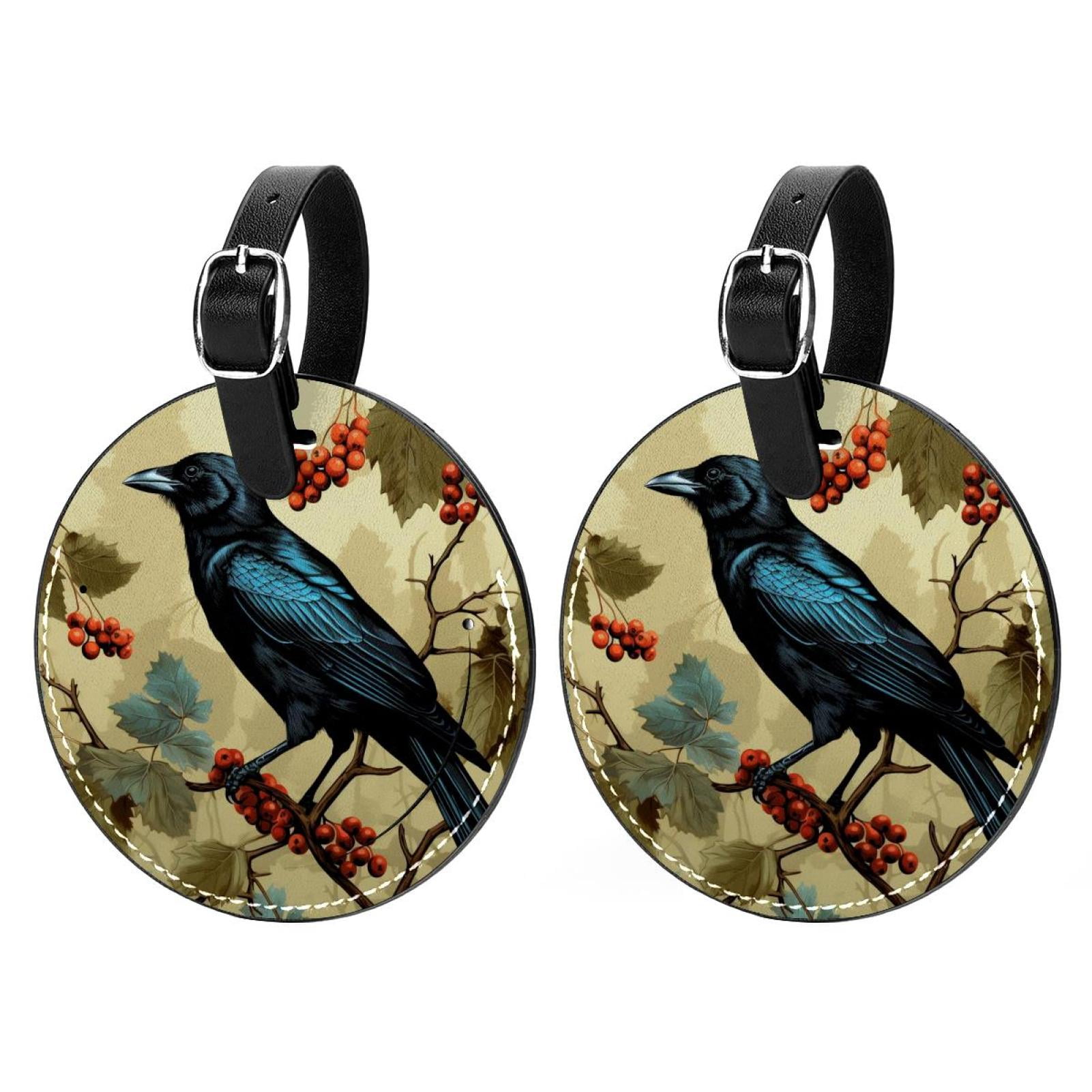 Crow 2Pcs PU Leather Round Luggage Tags with Privacy Cover and Name ID ...