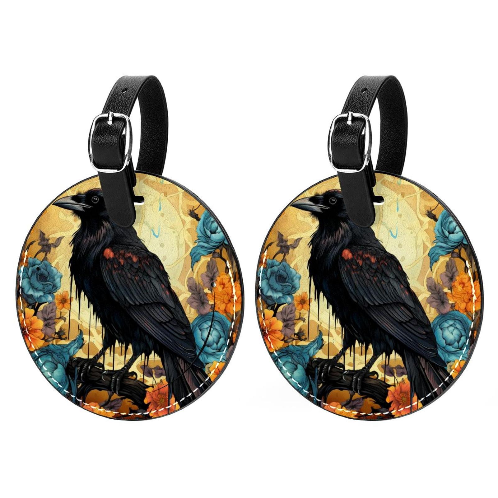 Crow 2Pcs PU Leather Round Luggage Tags with Privacy Cover and Name ID ...