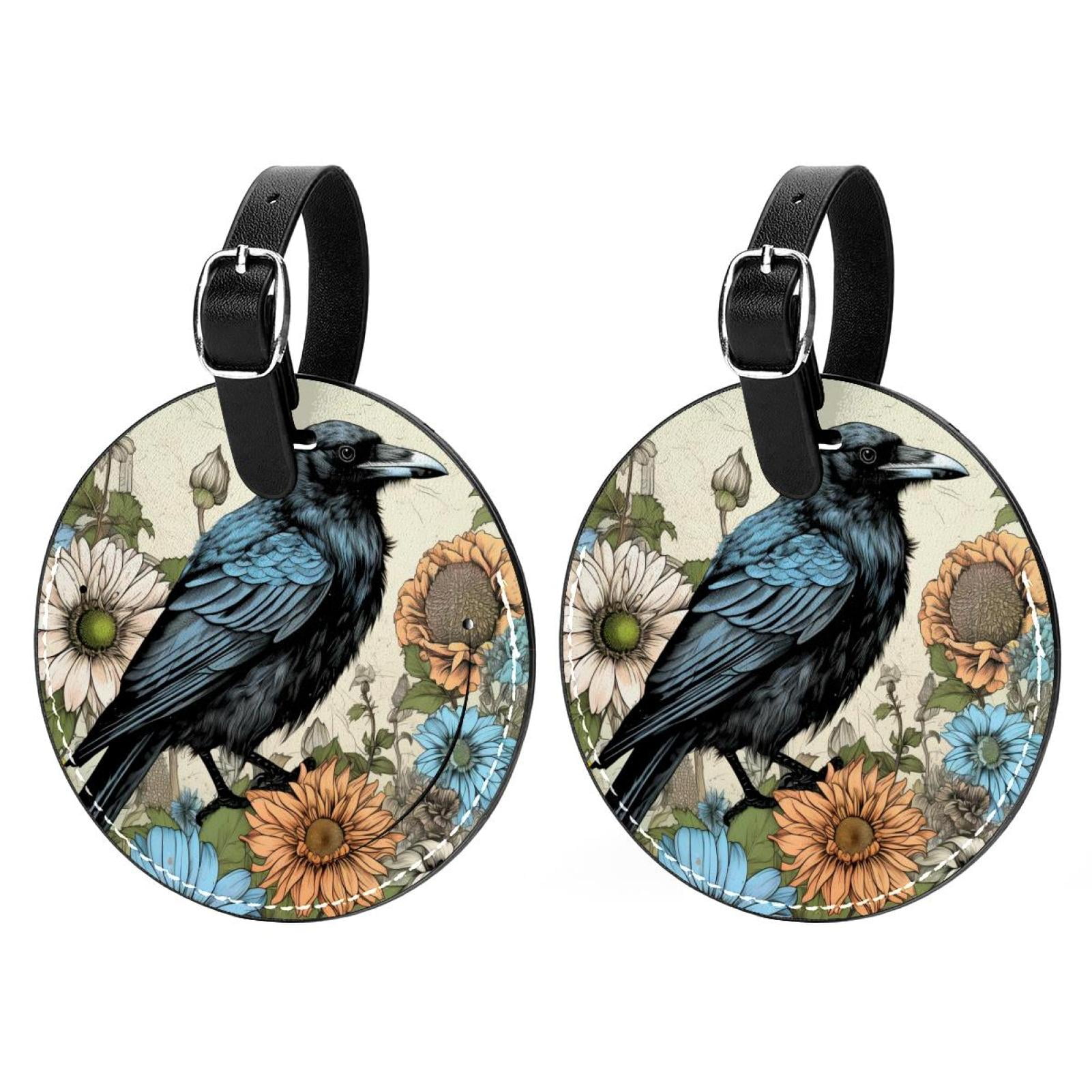 Crow 2Pcs PU Leather Round Luggage Tags with Privacy Cover and Name ID ...