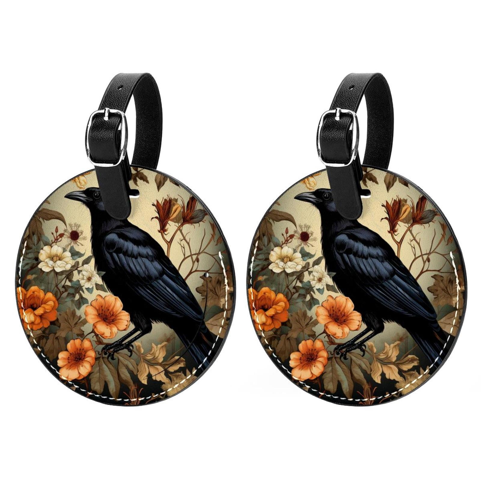 Crow 2Pcs PU Leather Round Luggage Tags with Privacy Cover and Name ID ...