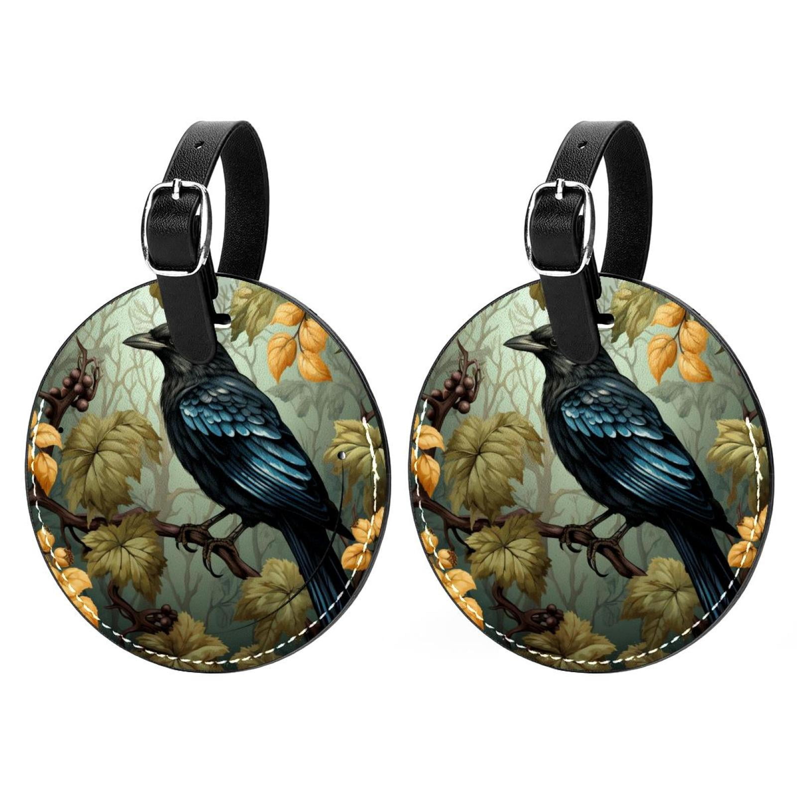 Crow 2Pcs PU Leather Round Luggage Tags with Privacy Cover and Name ID ...