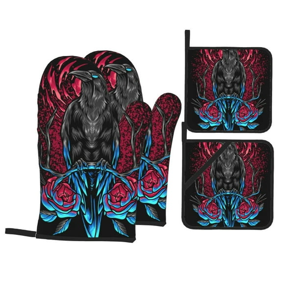 Crow And Flowers Raven Gothic 4Pcs Oven Mitts and Pot Holders Sets Oven ...