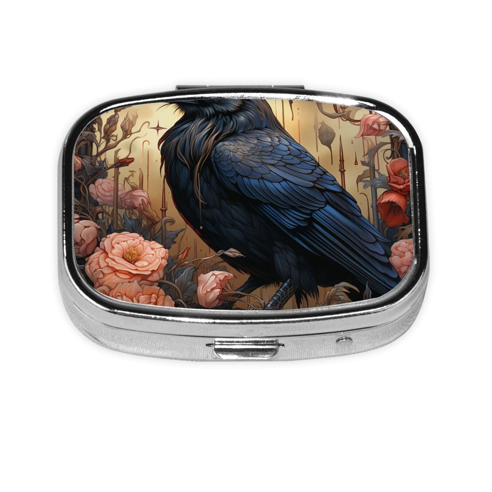 Crow And Flowers Raven Gothic Square Pill Box 2 Compartment Pill Case ...