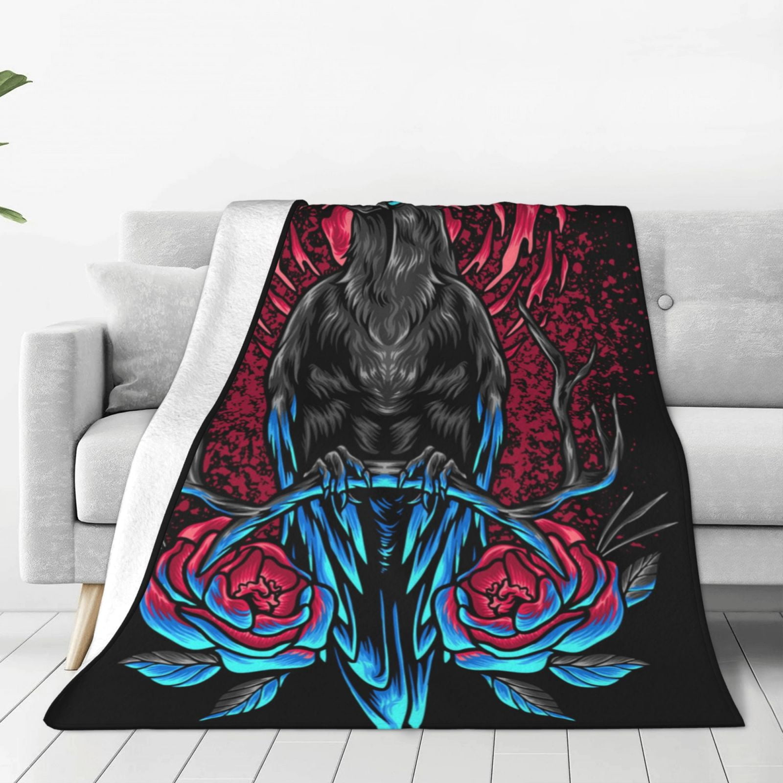 Crow And Flowers Raven Gothic Throw Blanket Super Soft Lightweight Cozy ...