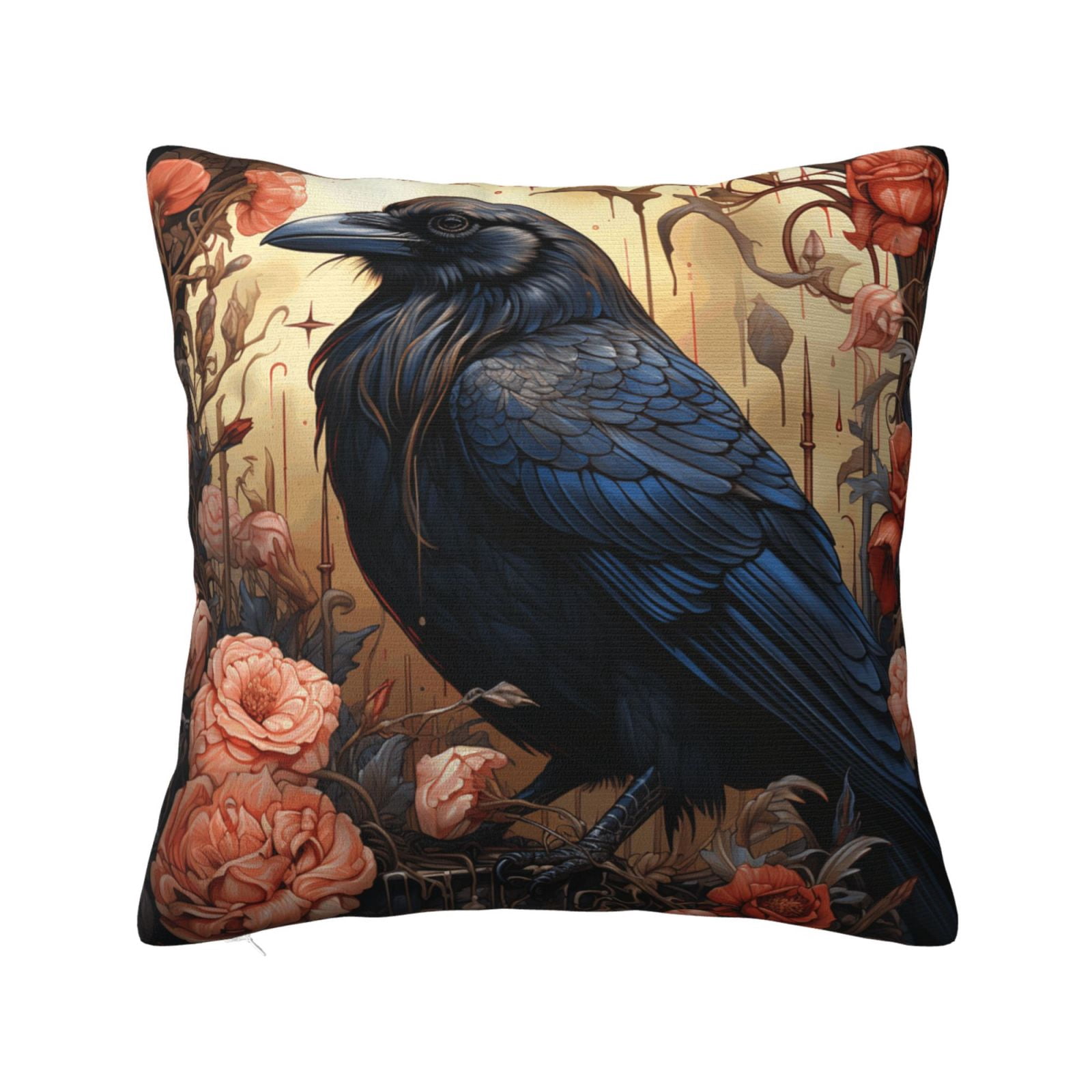 Crow And Flowers Raven Gothic Throw Pillow Cases Decorative Cushion ...