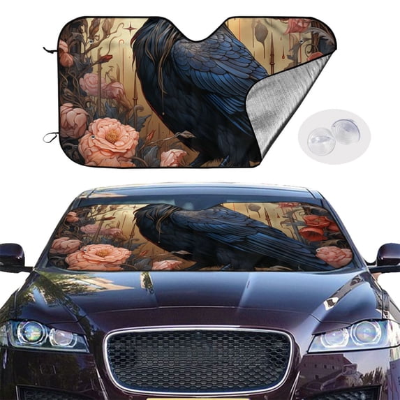 Crow And Flowers Raven Gothic Windshield Sunshade Sun Shade Front ...