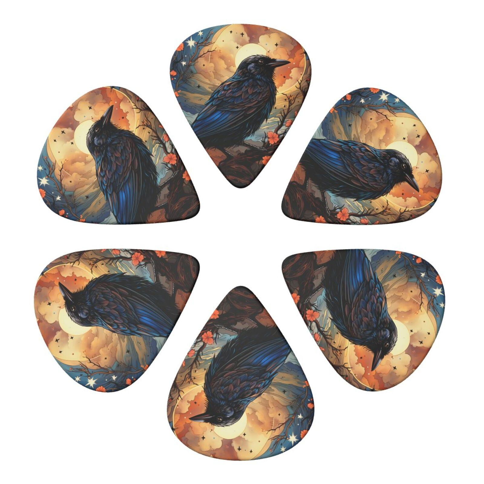 Crow And Flowers Raven Moon Art Guitar Pick 6 Pack for Bass Acoustic ...