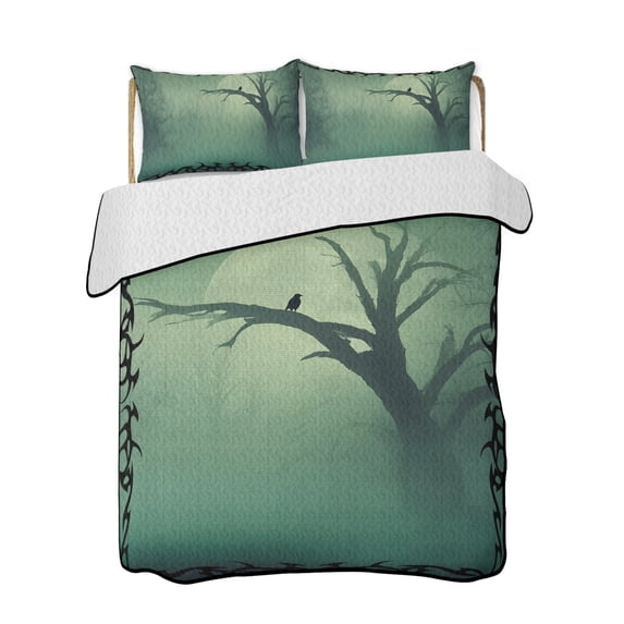 Crow Bare Tree Quilts Bedding Set Twin Size Goth Green Foggy Forest ...