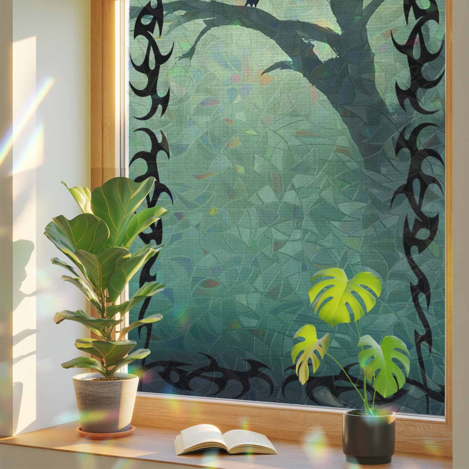 Crow Bare Tree Window Privacy Film, Goth Green Foggy Forest Full Moon ...