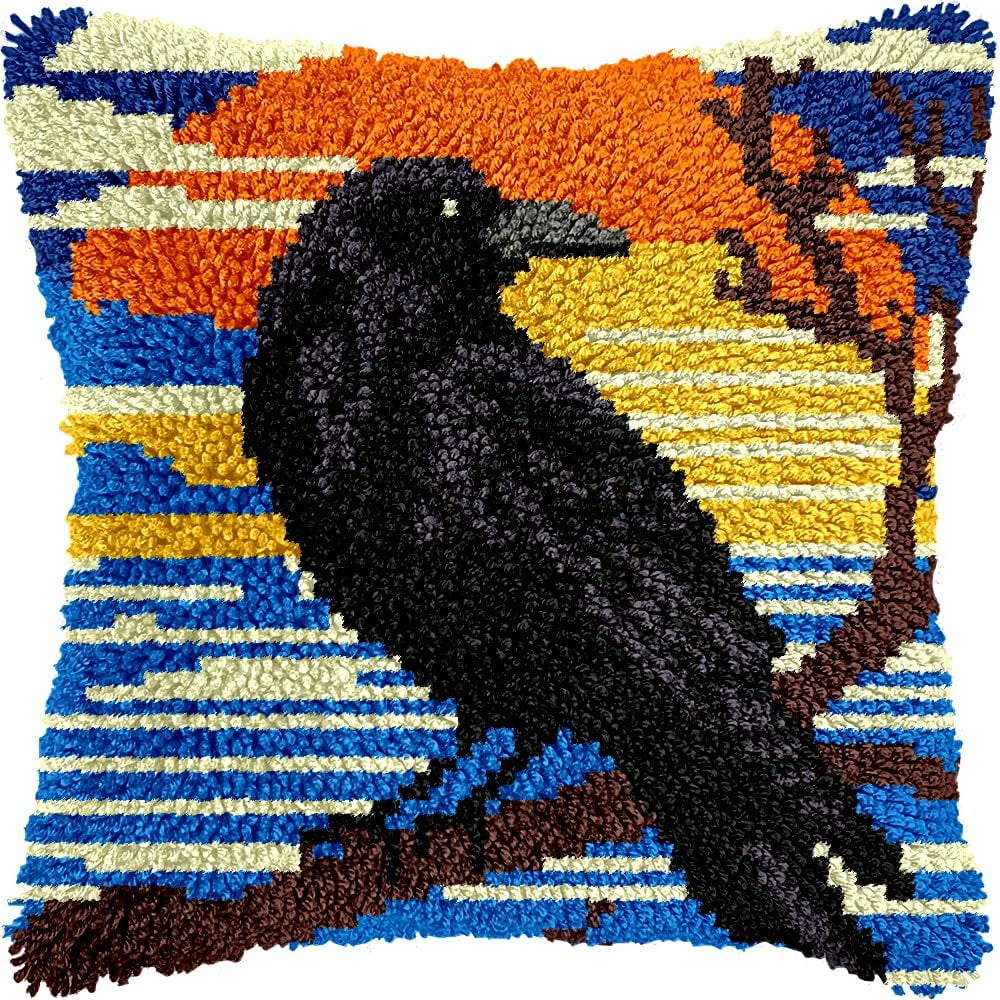 Crow Bird under Moon Latch Hook Pillow Cover Kits for DIY Handmade ...