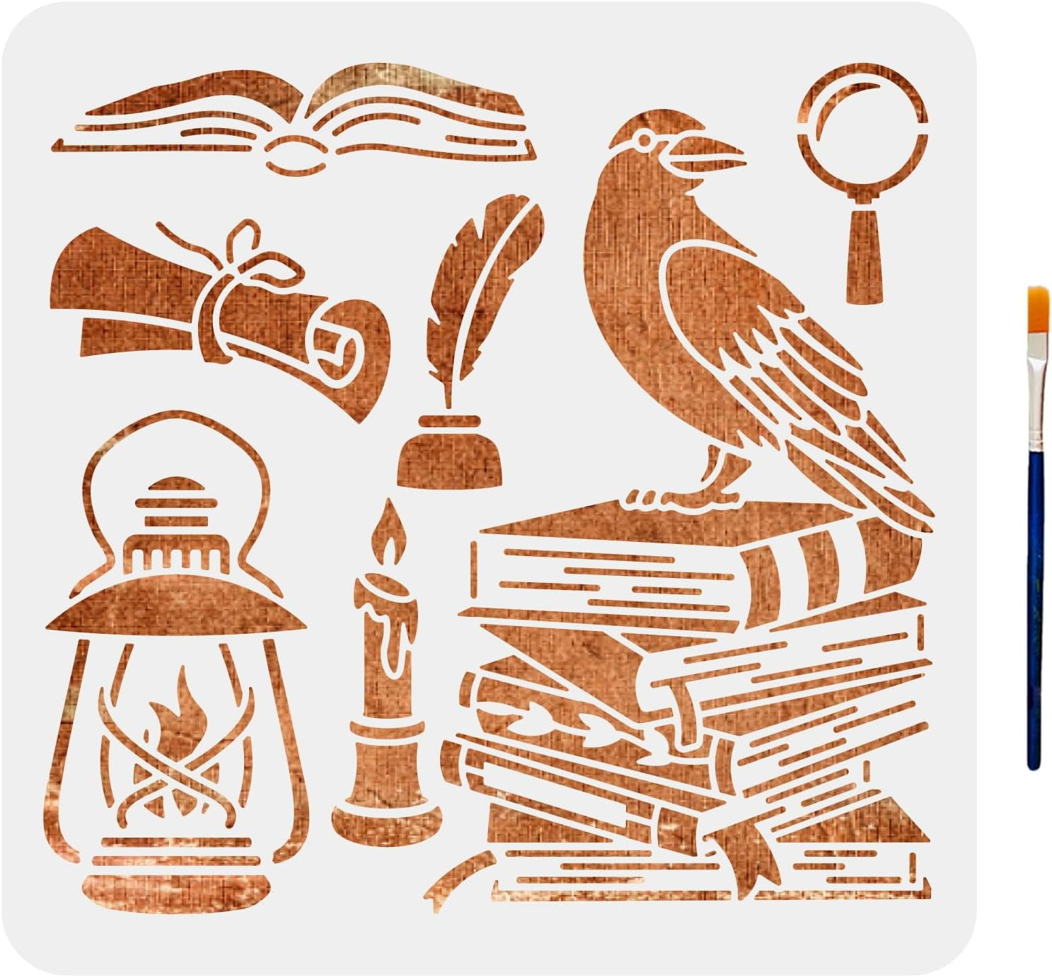 Crow Book Stencils Raven Stencil Feather Pen Magnifying Glass Kerosene ...