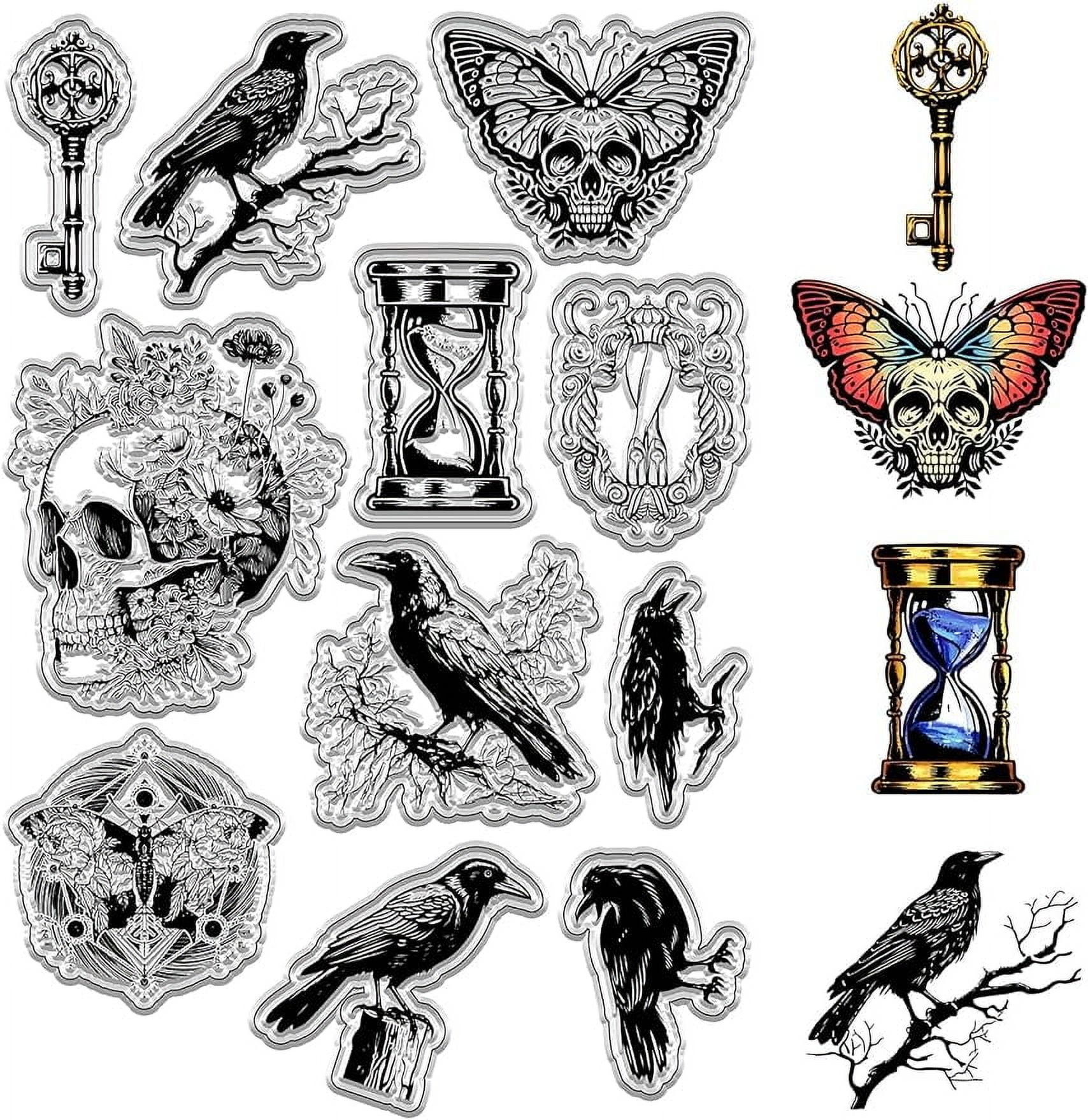 Crow Clear Rubber Stamps Skull Moths Flowers Skulls Hourglass Keys ...