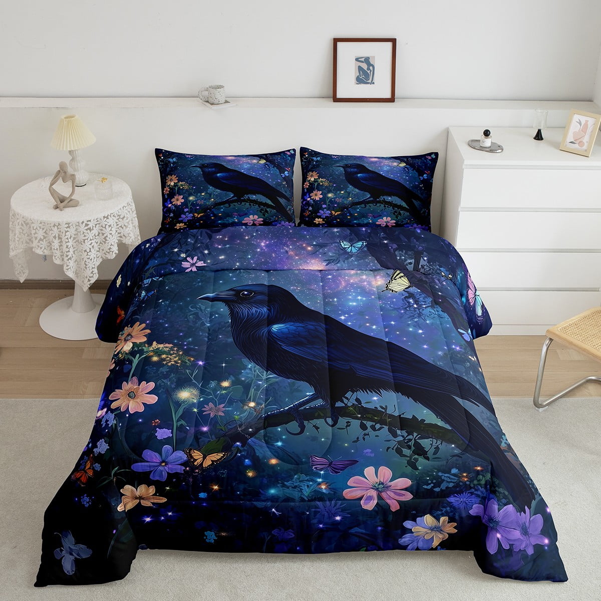 Crow Comforter Set Bohemian Flowers Twin Bedding Set Gothic Galaxy ...