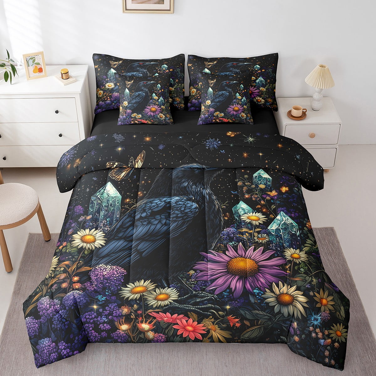 Crow Comforter Set Queen, 7 Pieces Halloween Raven Bed In A Bag Black ...