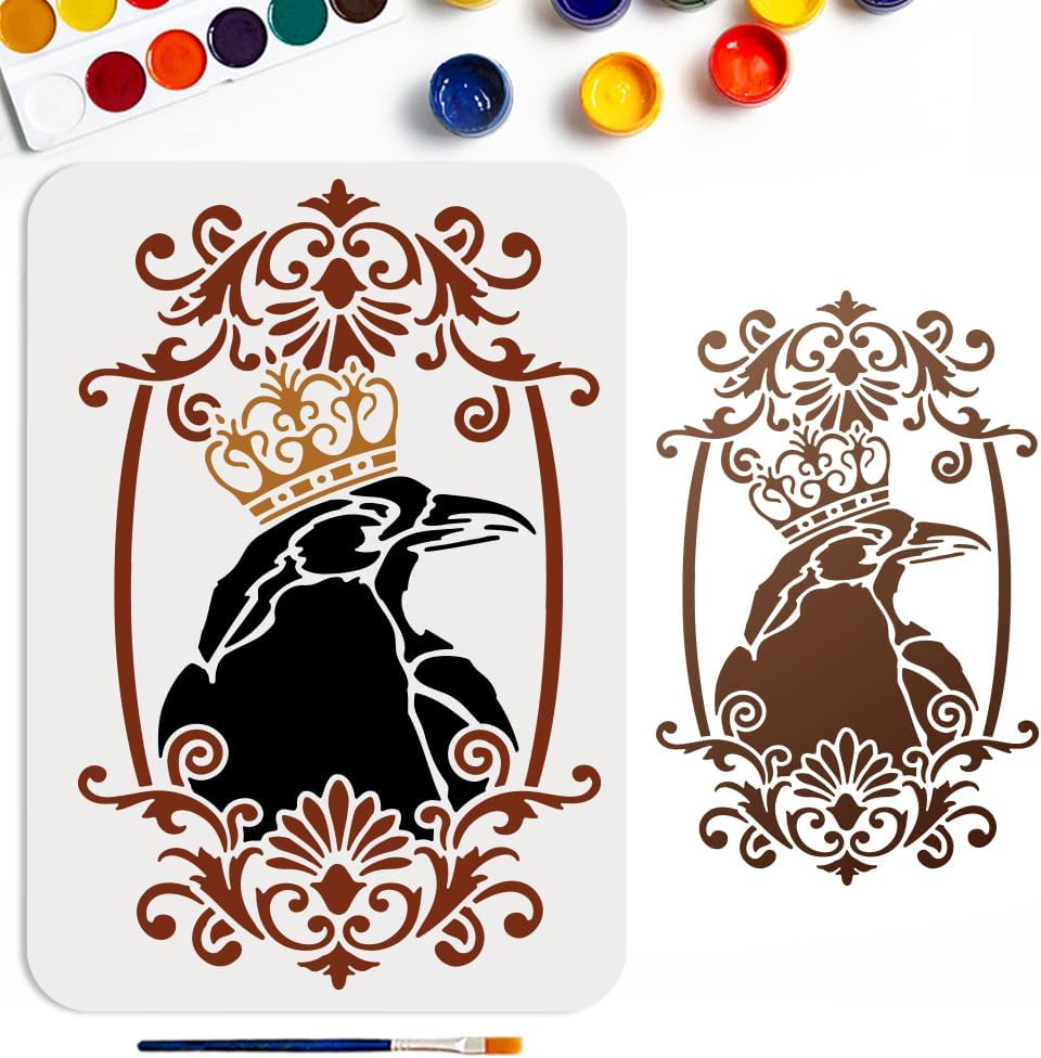 Crow Crown Stencil 11.7×8.3inch Large Vintage Raven Stencils with Paint ...