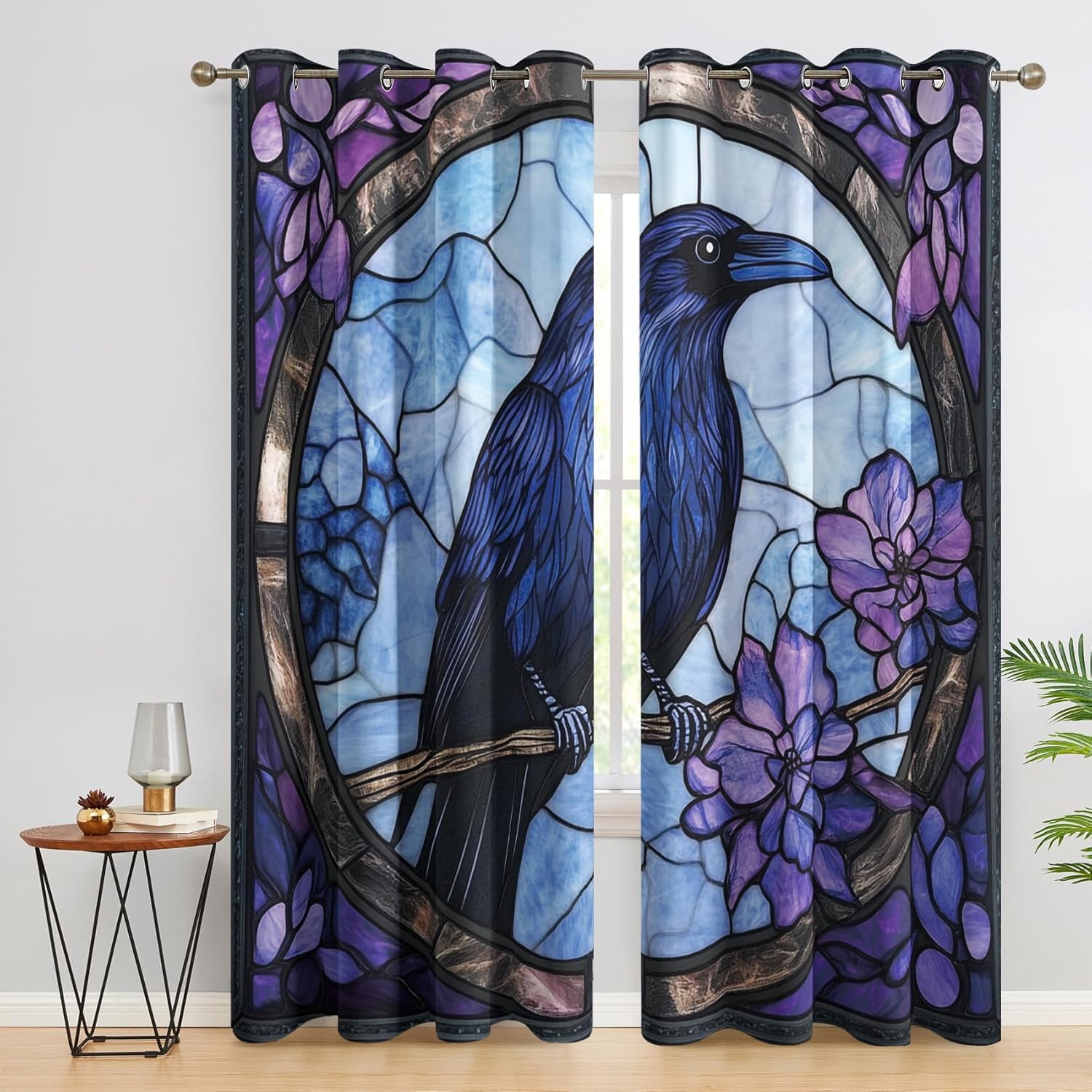 Crow Curtains for Bedroom,Stained Glass Raven Drapes 2 Panels Set ...