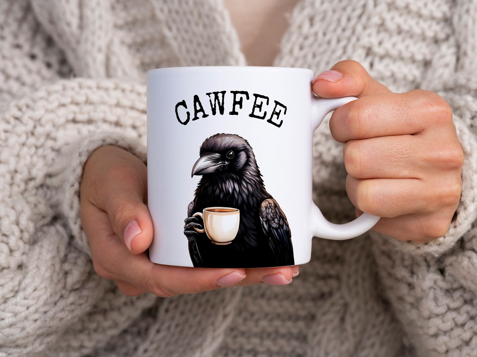 Crow Drinking Cawfee Mug, Funny Crow Mug, Adorable Crow Drinking Coffee ...