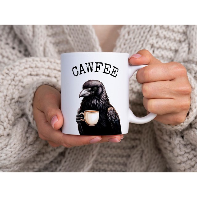 Crow Drinking Cawfee Mug, Funny Crow Mug, Adorable Crow Drinking Coffee ...