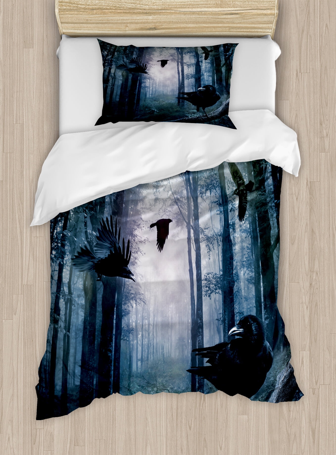 Crow Duvet Cover Set, Fish Eye Shot of Flying Birds in a Gloomy ...