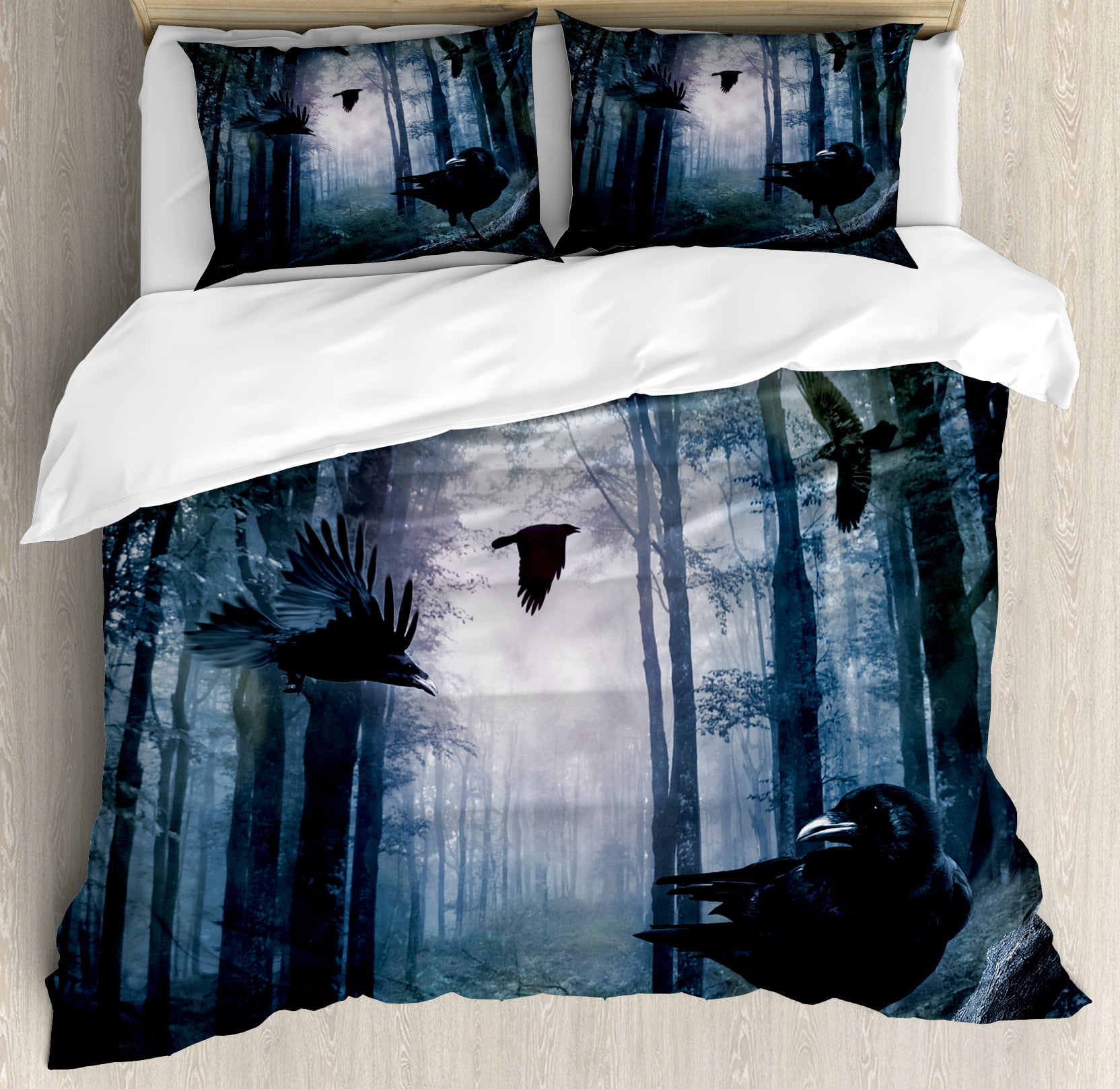Crow Duvet Cover Set, Fish Eye Shot of Flying Birds in a Gloomy ...