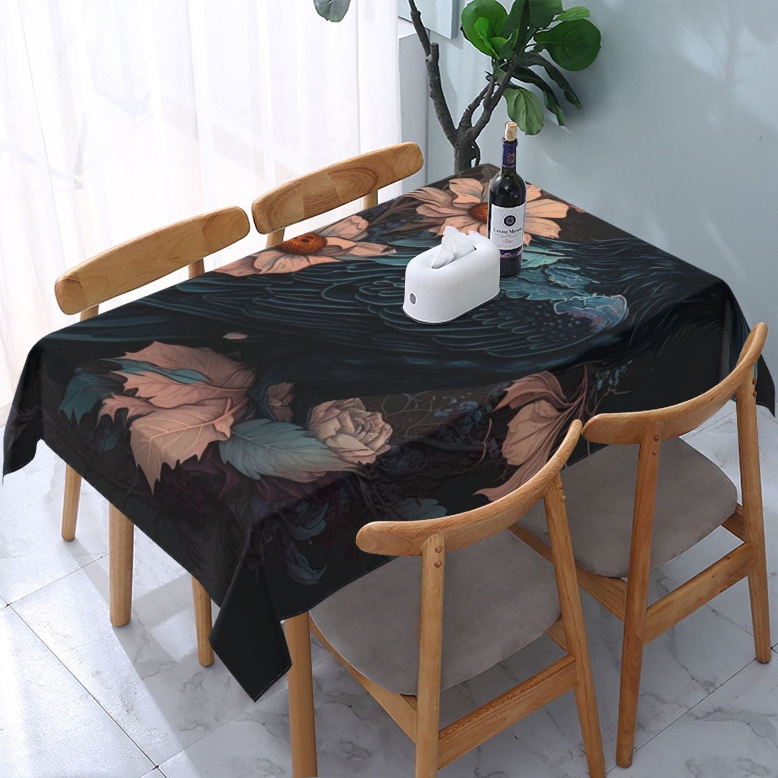 Crow Flowers Raven Gothic Rectangular Tablecloth 54"x 72" Waterproof ...
