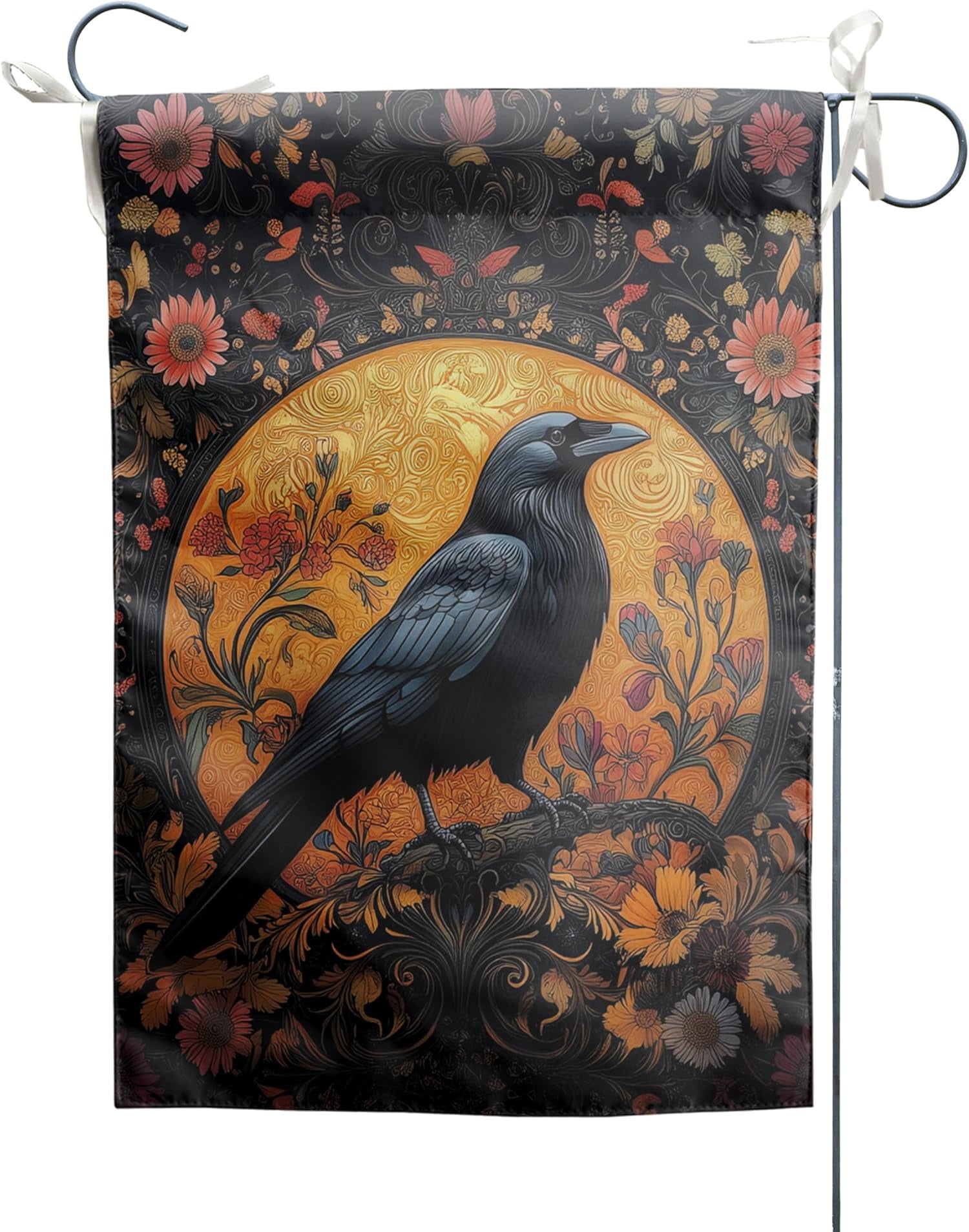 Crow Garden Flag 12x18in, Halloween Gothic Black Bird Colorful Flower ...