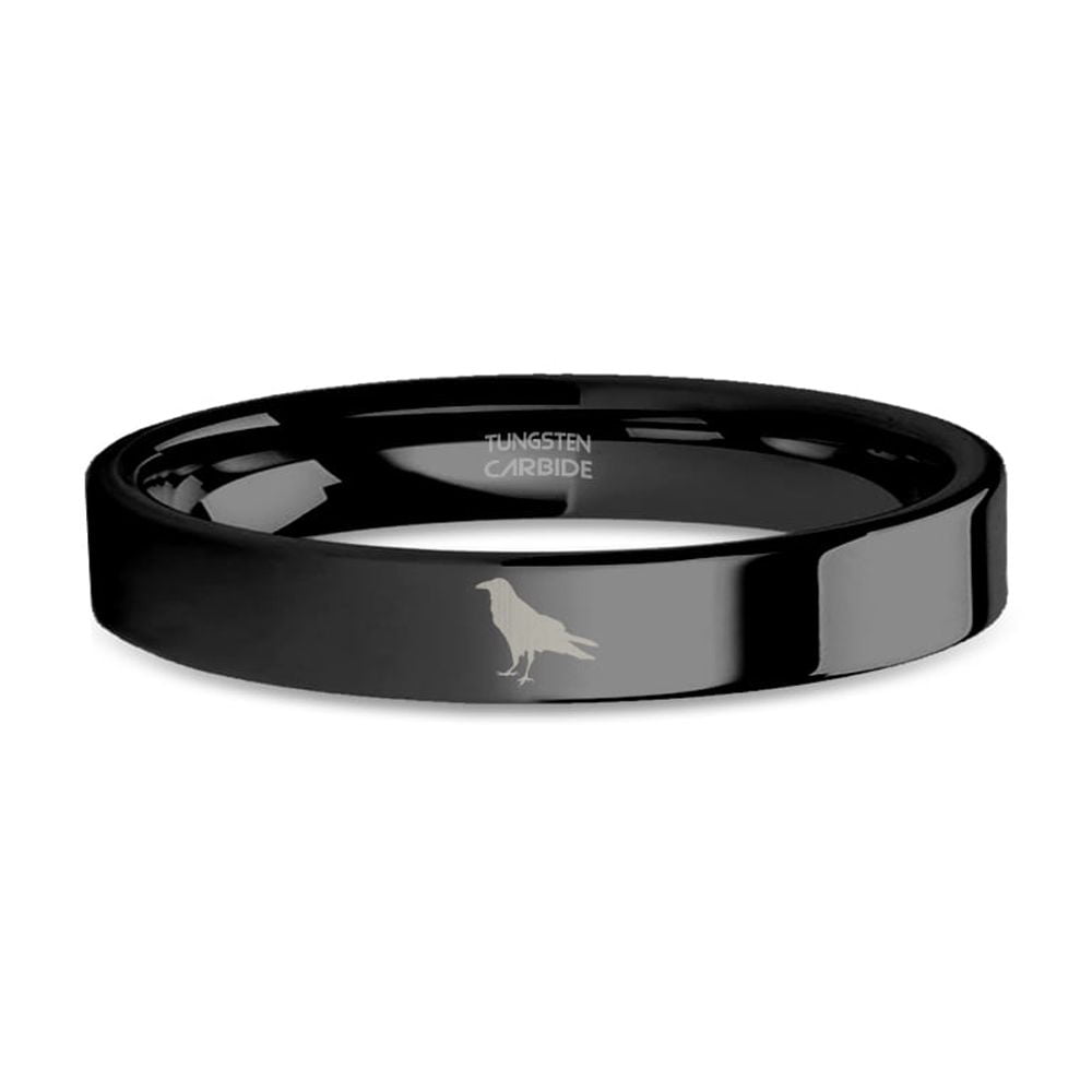 Crow Jackdaw Engraving Black Polished Tungsten Carbide Ring, 4mm, Size ...