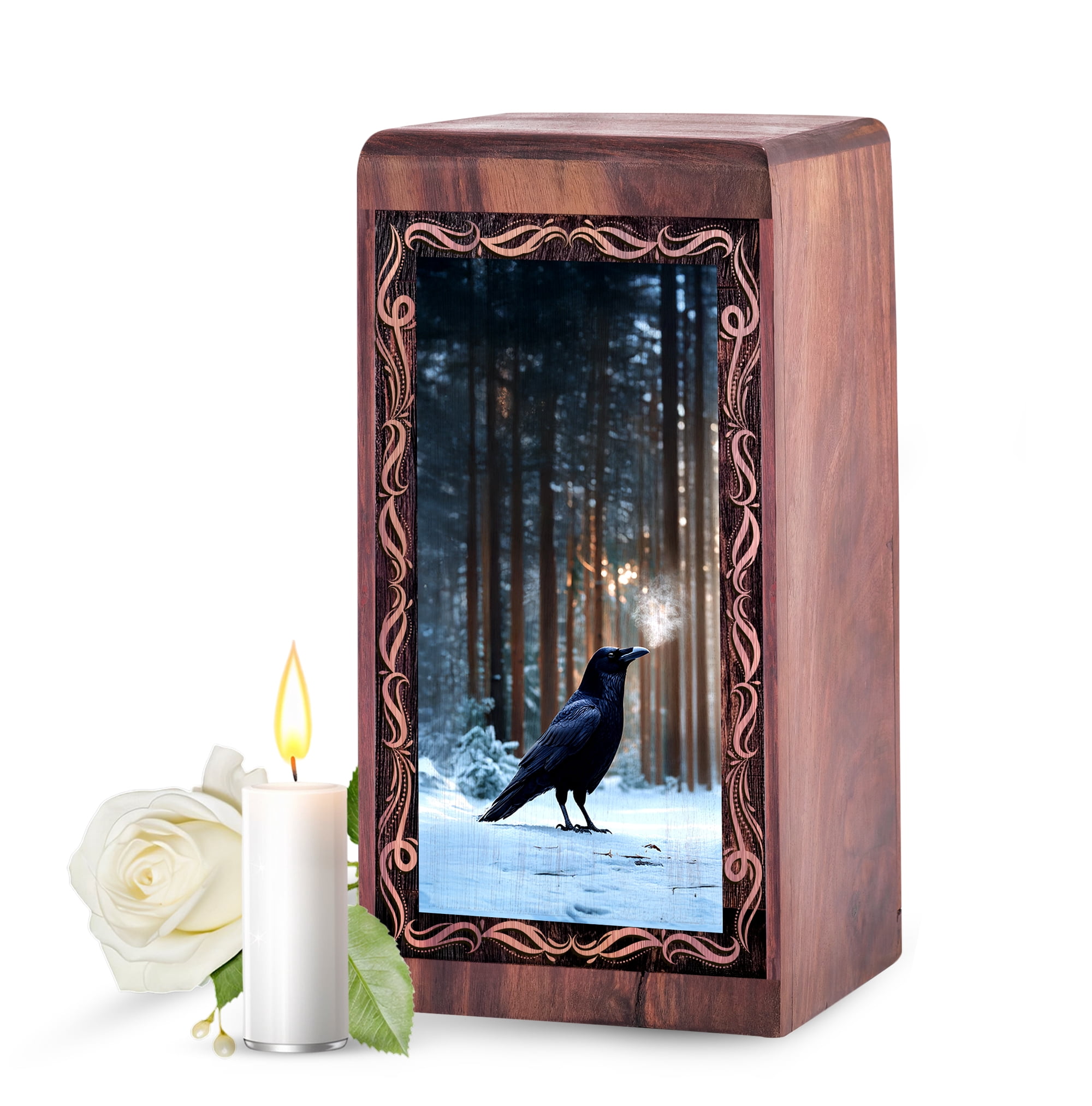 Crow Memorial Keepsake Urn - Small 5" Wooden Mini Urn for Human Ashes ...