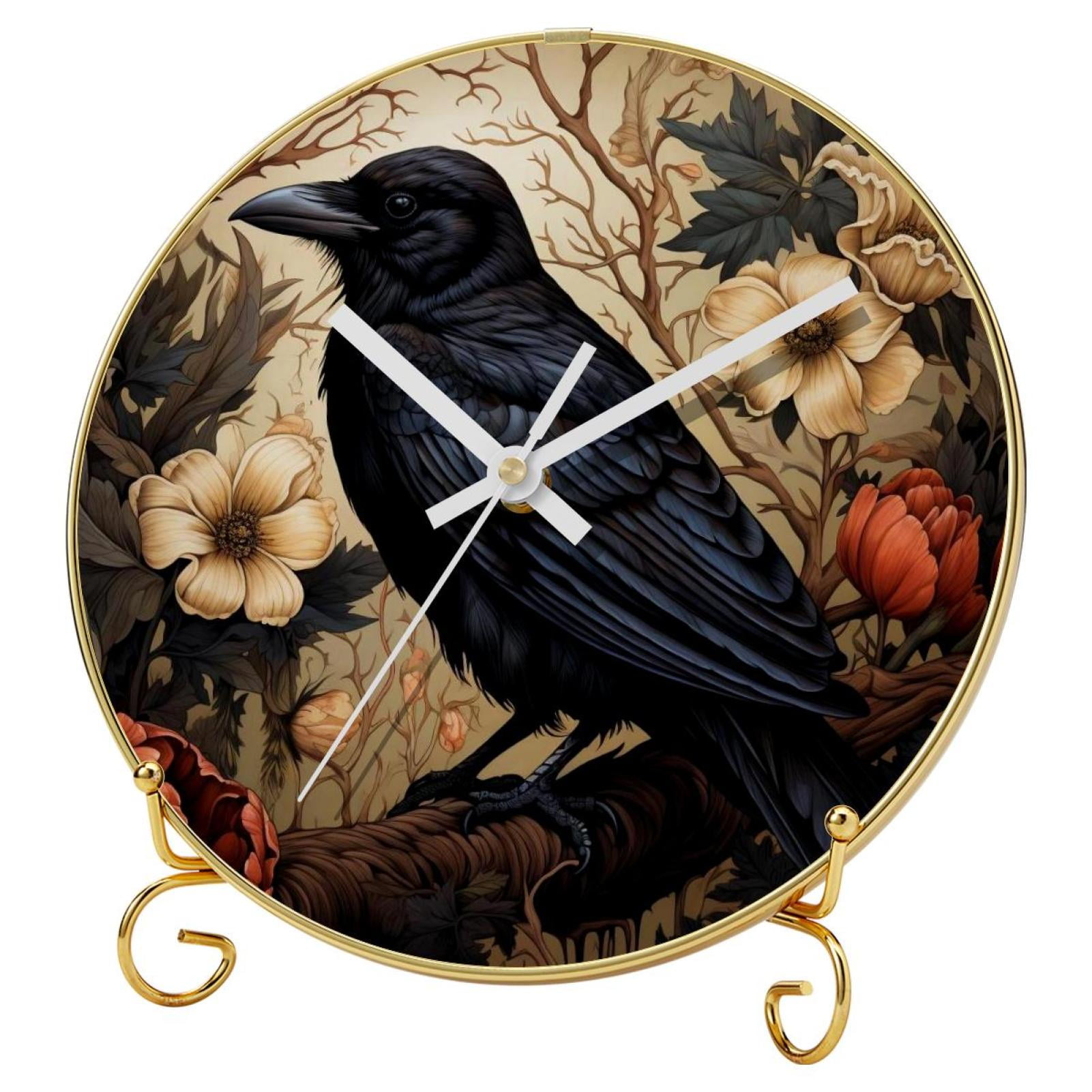 Crow Modern Round Printed Wall Clock with Hooks and Gold Stand - Silent ...
